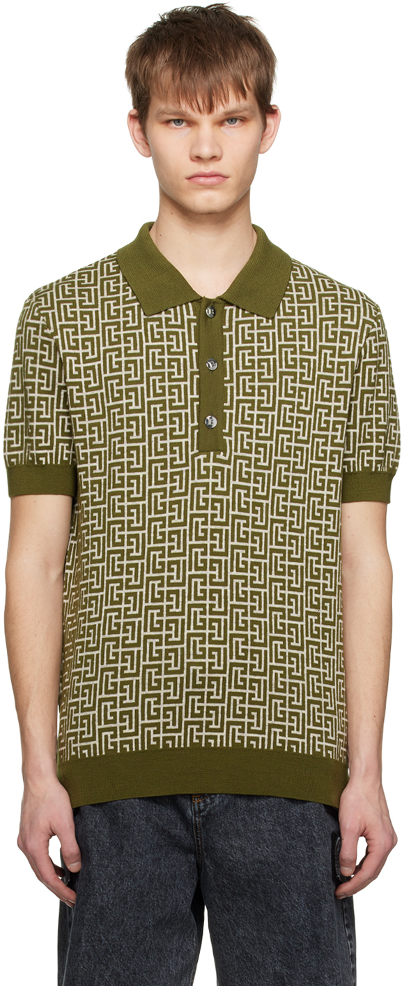 Khaki Monogram Polo by Balmain on Sale