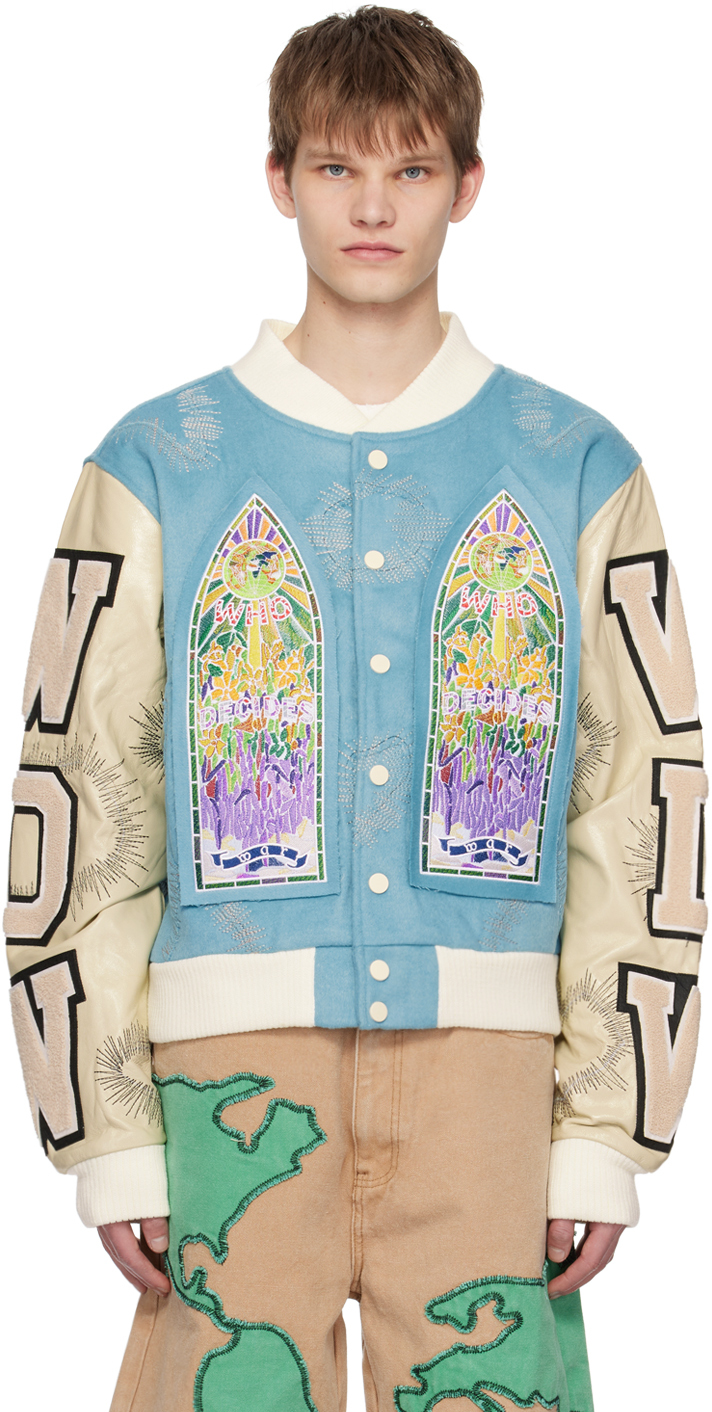Who Decides War by MRDR BRVDO: Blue Namesake Varsity Jacket | SSENSE UK