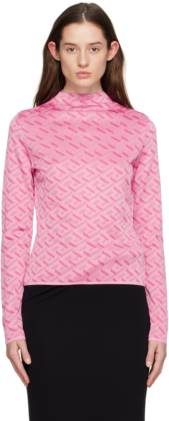 Pink 'La Greca' Long Sleeve Crewneck by Versace on Sale