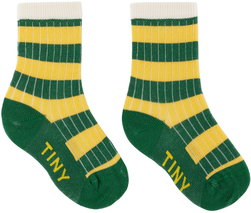 Kids Green & Yellow Big Stripes Socks by TINYCOTTONS on Sale