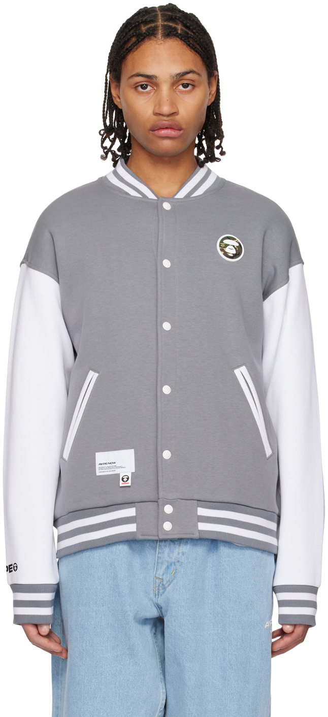 AAPE by A Bathing Ape: White & Gray Press-Stud Bomber Jacket | SSENSE UK