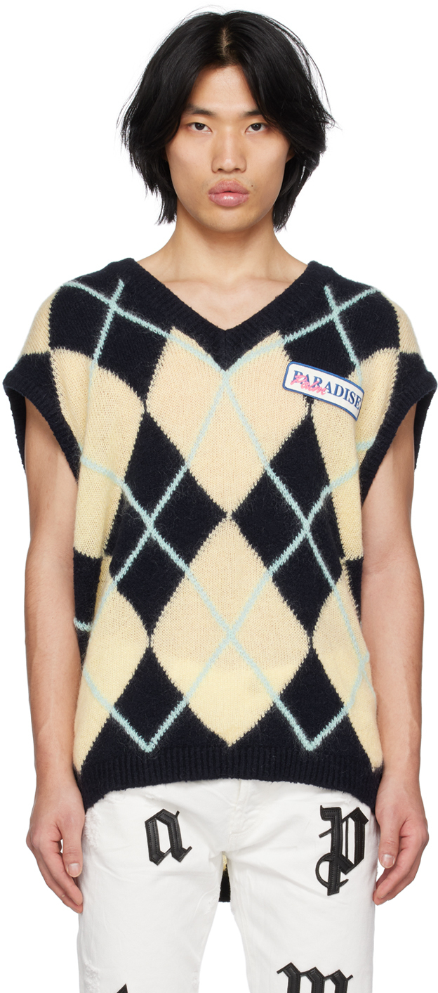 Palm Angels: Yellow & Navy Argyle Vest | SSENSE UK