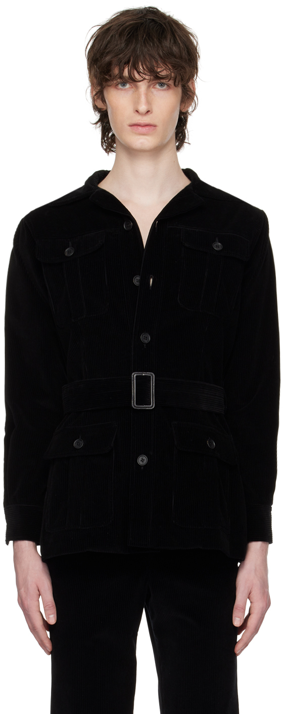 Black Belted Jacket by 73 LONDON on Sale