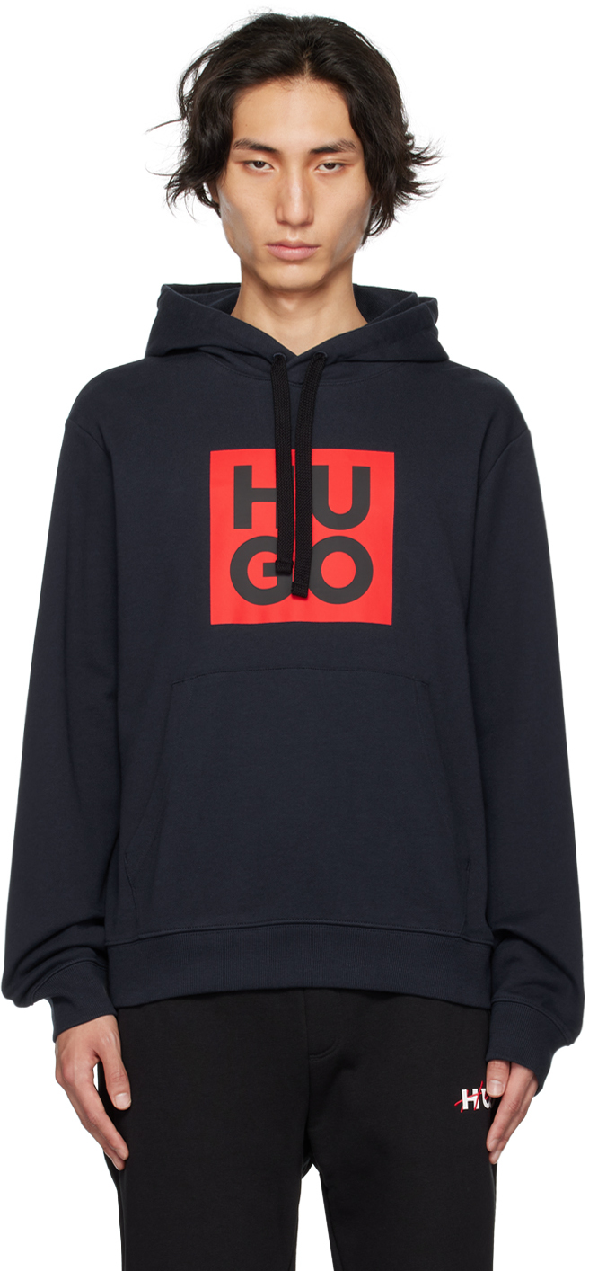 Hugo: Navy Printed Hoodie | SSENSE Canada