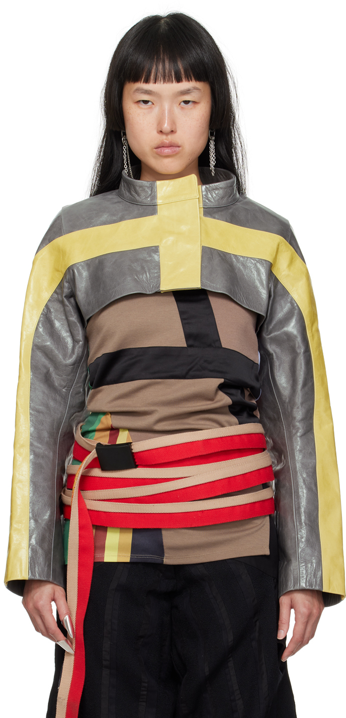 Gray & Yellow Cropped Leather Jacket by Diana Sträng on Sale