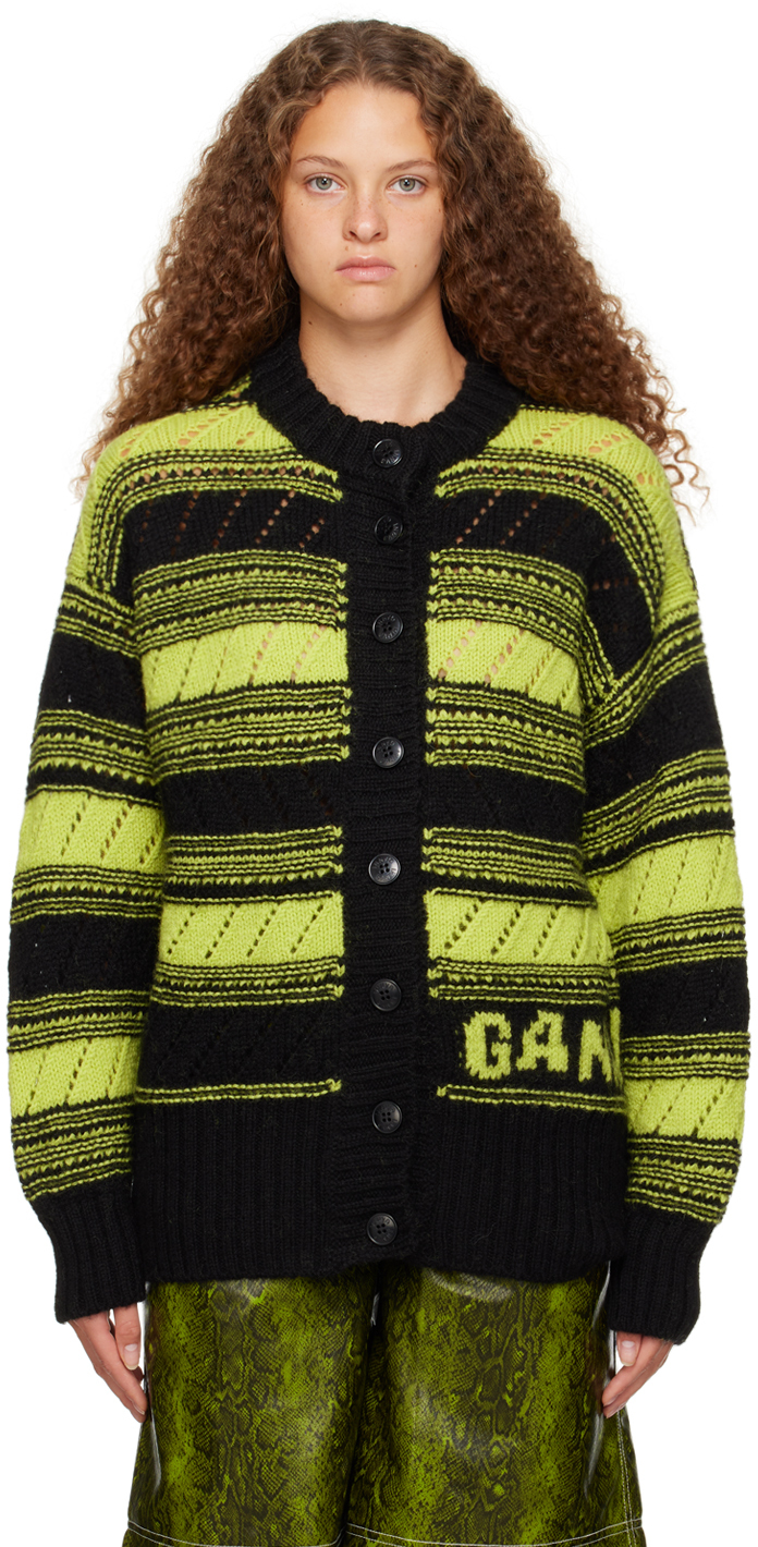 Green & Black Striped Cardigan by GANNI on Sale