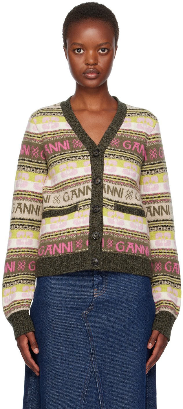 Cardigan Kaki Et Rose à Motif à Logo En Tricot Jacquard Ganni En Solde