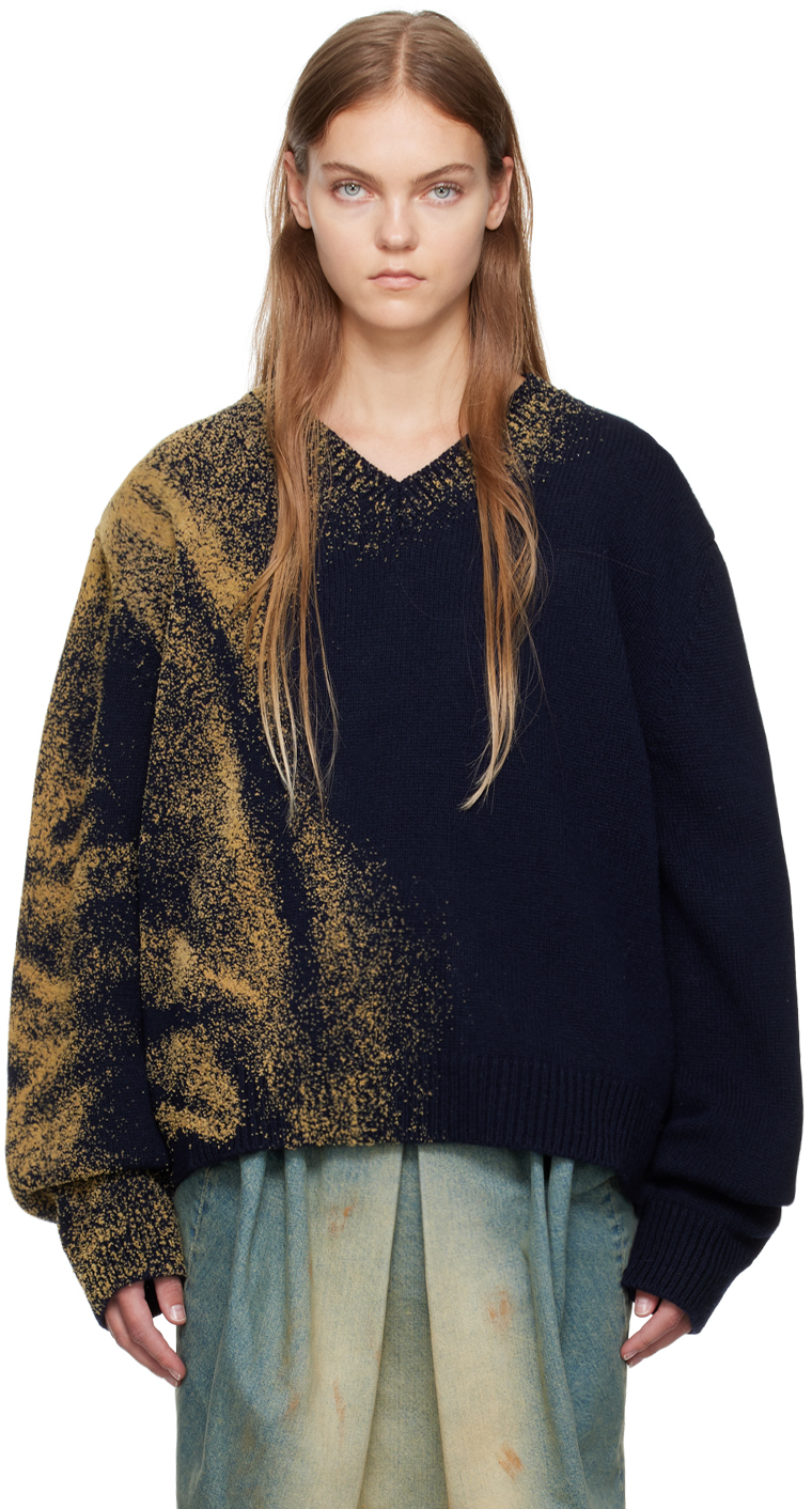 Pull bleu marine à motif graphique floqué Maison Margiela en solde