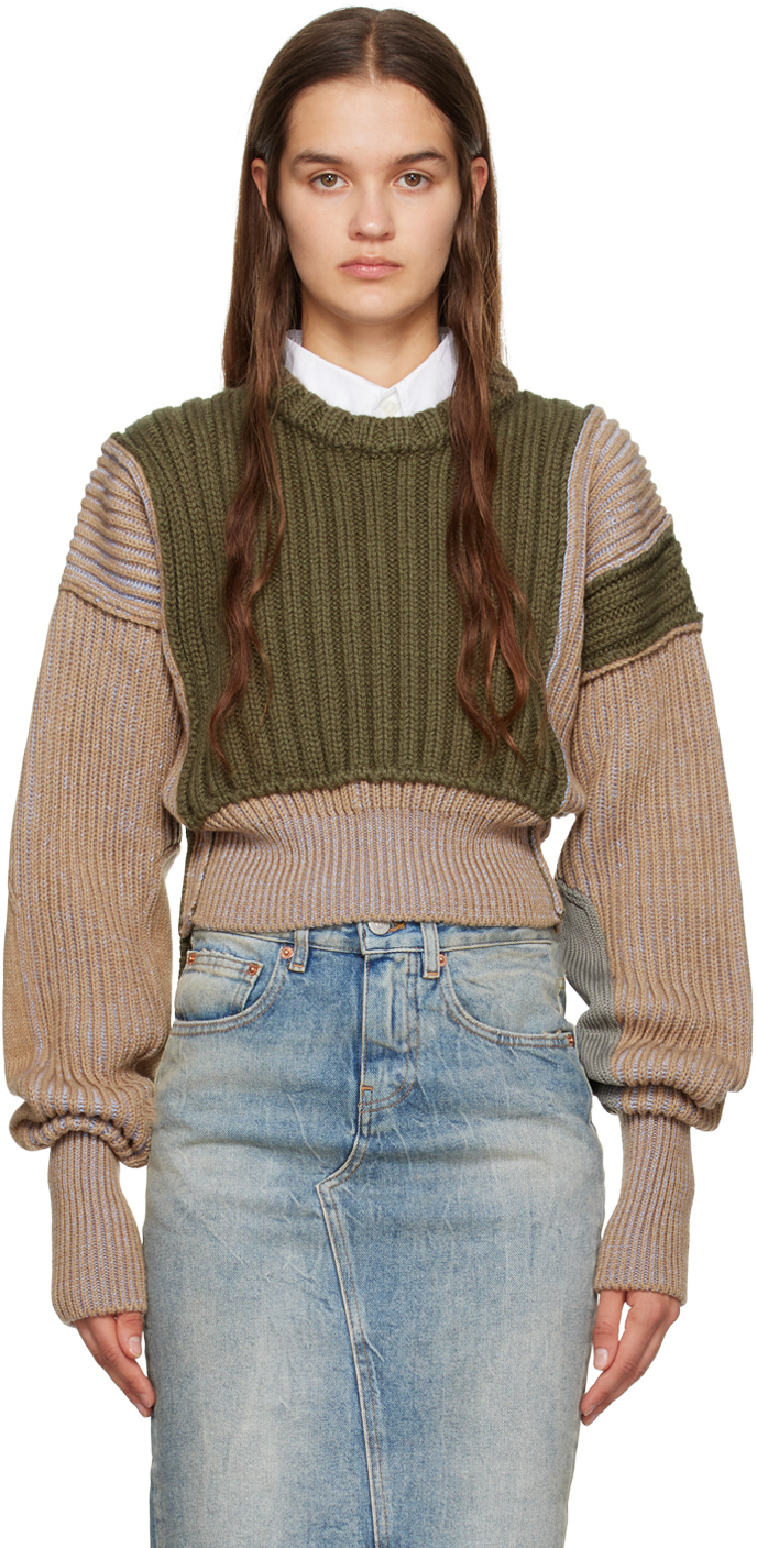Pull vert et beige à panneaux MM6 Maison Margiela en solde