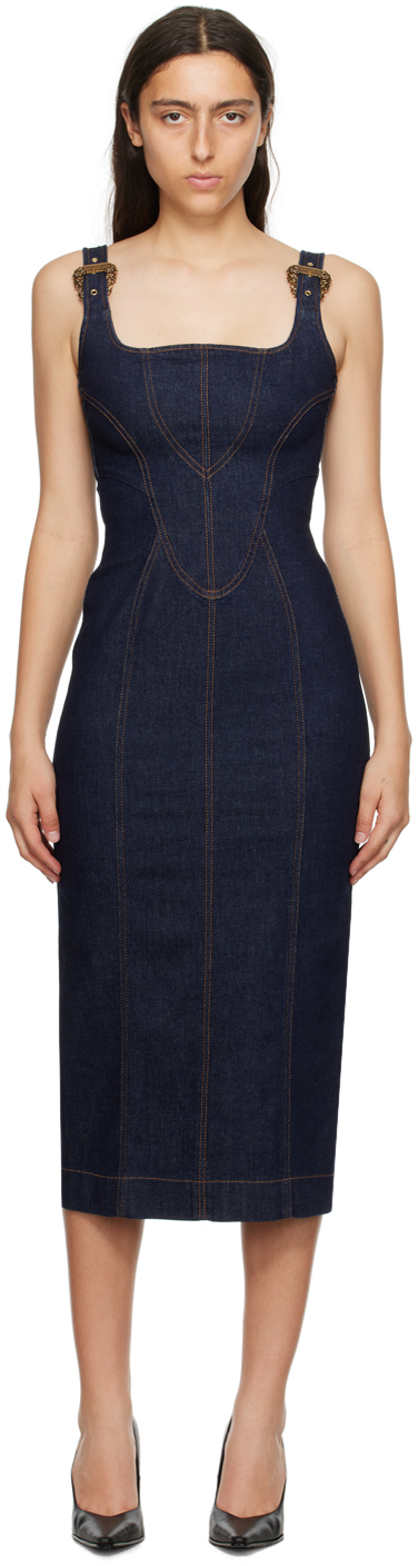 Versace Jeans Couture: Indigo Baroque Buckle Denim Midi Dress | SSENSE ...