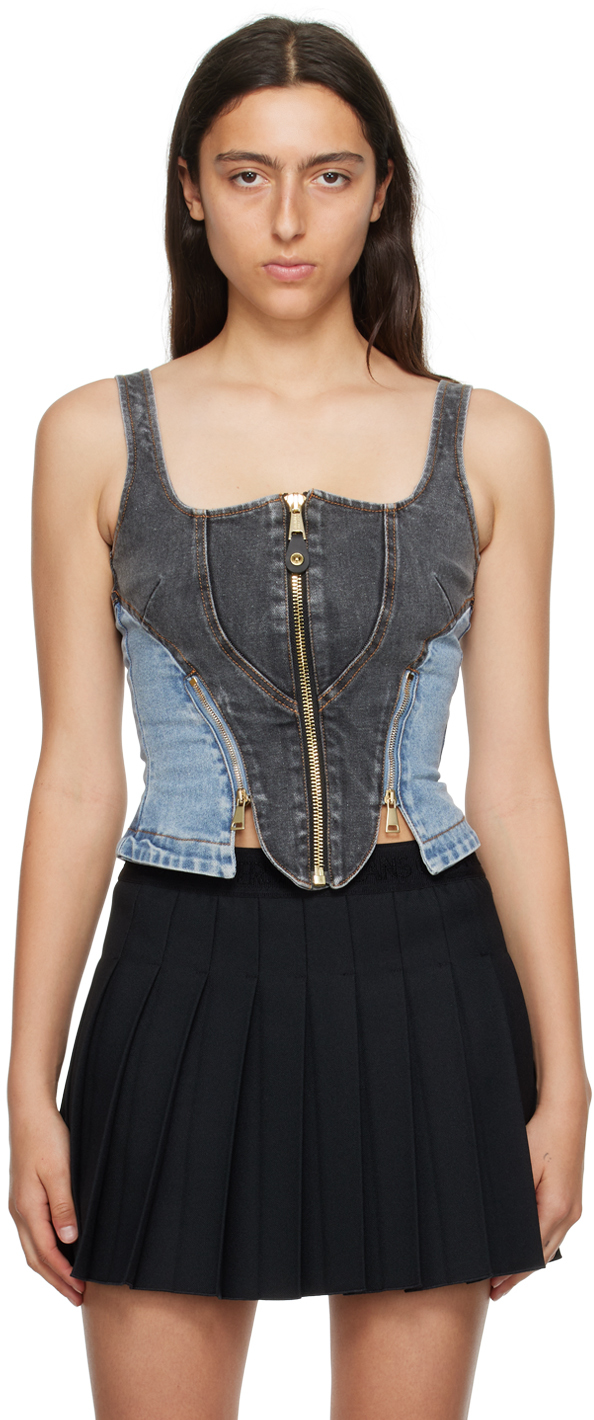 Black Paneled Denim Tank Top by Versace Jeans Couture on Sale
