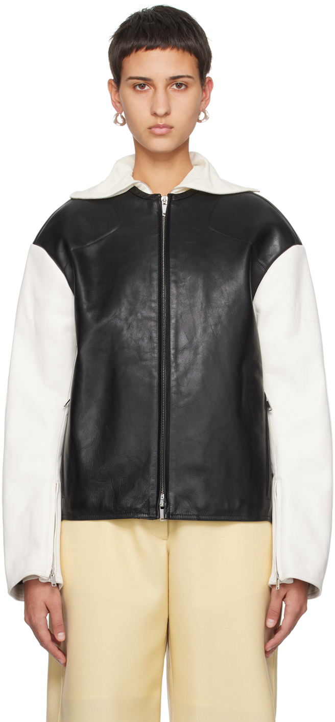 Black & White Embossed Leather Jacket by Jil Sander on Sale