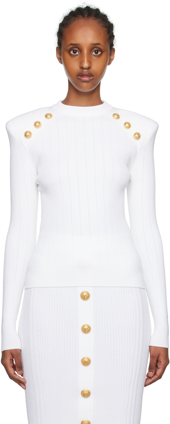 Pull blanc cassé à six boutons Balmain en solde