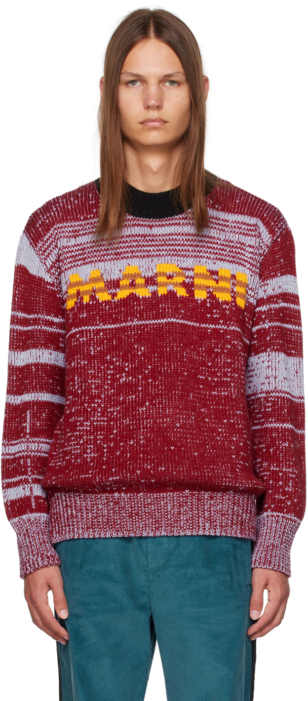 Marni Pull Rouge Et Bleu à Rayures Et Logo En Tricot Jacquard Ssense