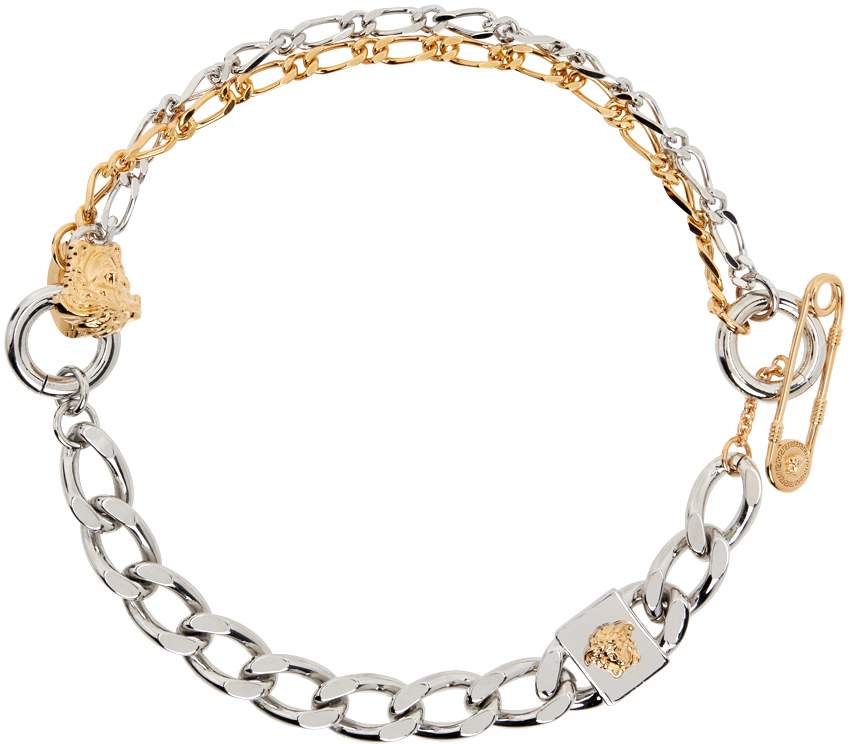 Versace: Silver & Gold Safety Pin Necklace | SSENSE