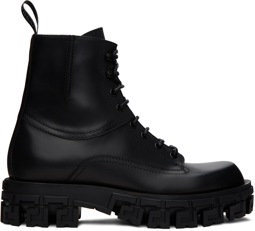 Black Greca Portico Boots by Versace on Sale