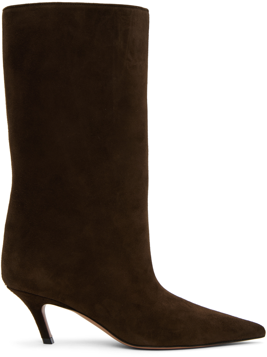 Brown Fiona 60 Boots by Amina Muaddi on Sale