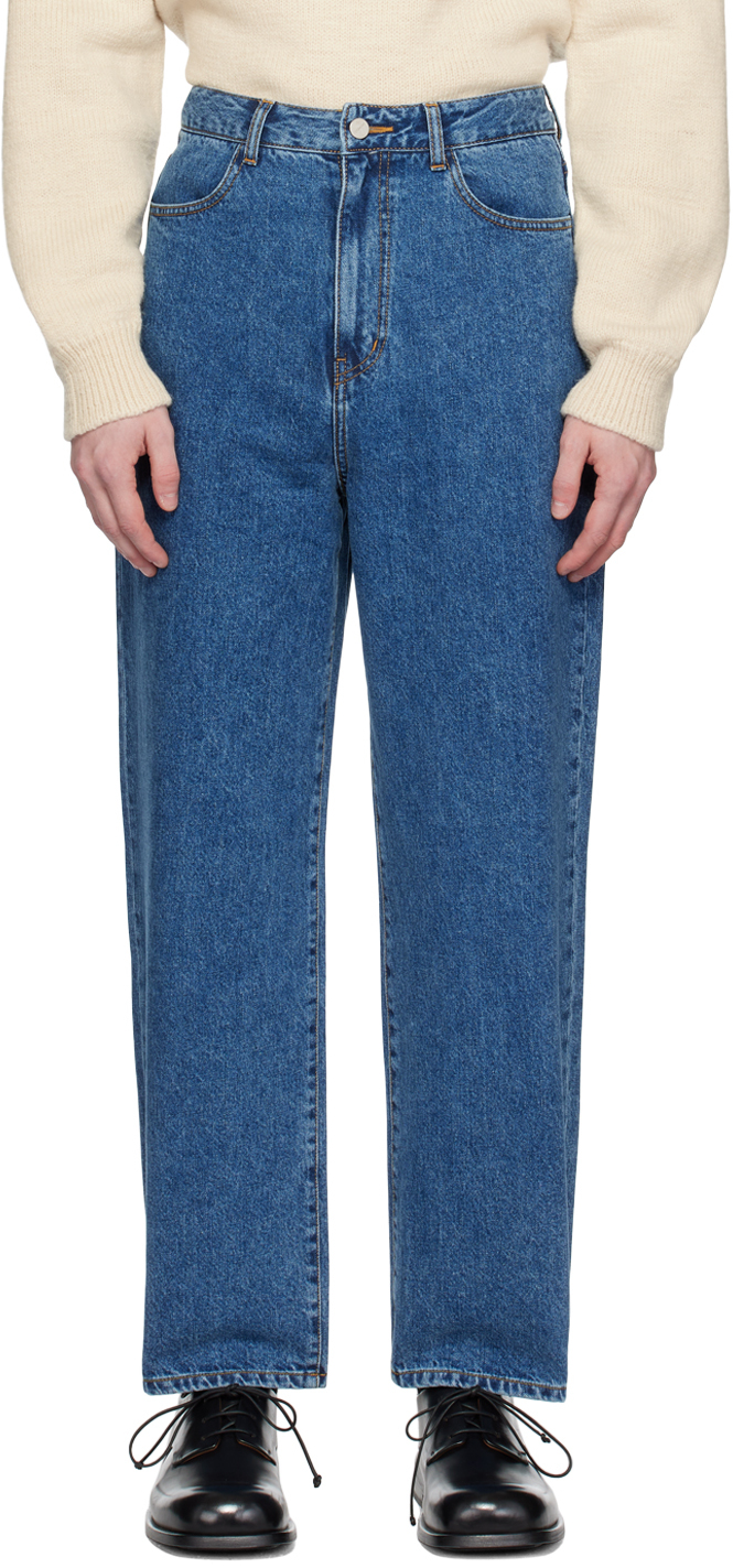 Blue Straight Fit Jeans by AMOMENTO on Sale