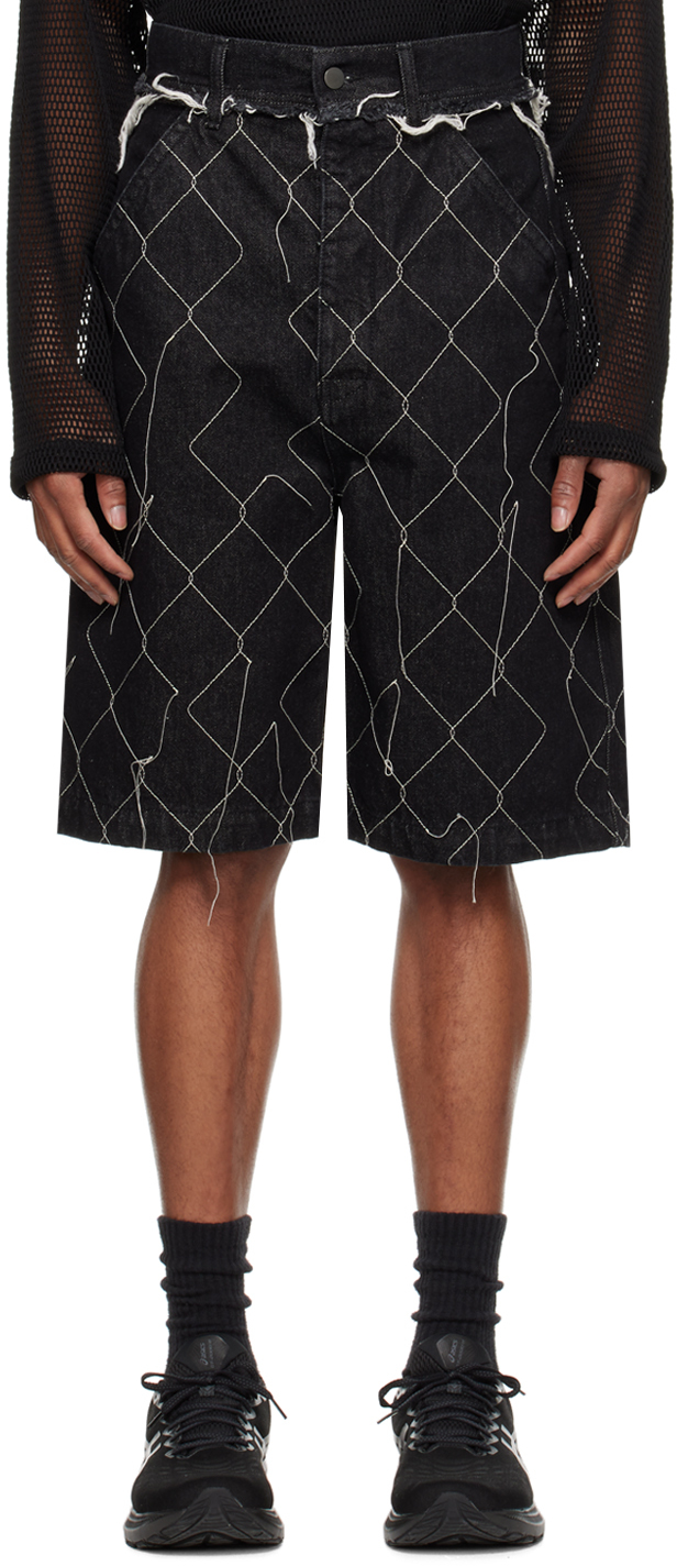 Black Chain Link Denim Shorts by AIREI on Sale