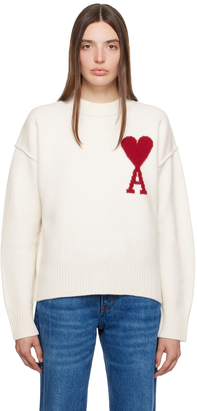 Ami Paris Pull Blanc Cassé à Logo Ami De Cœur Ssense France