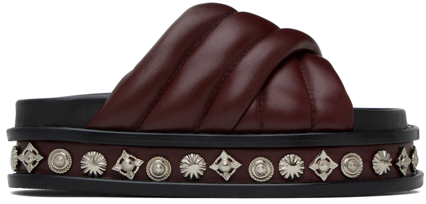 Burgundy Embellished Leather Sandals by Toga Pulla on Sale