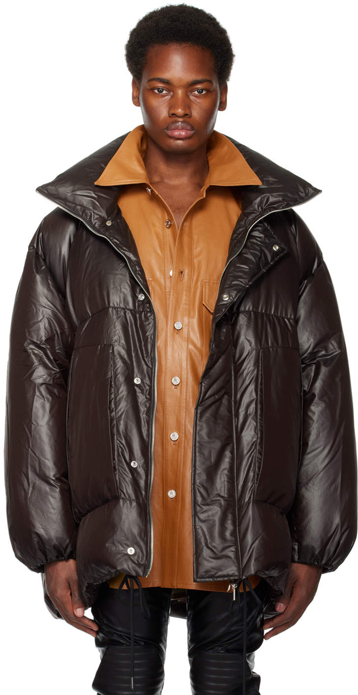 Brown Quilted Down Jacket by System on Sale