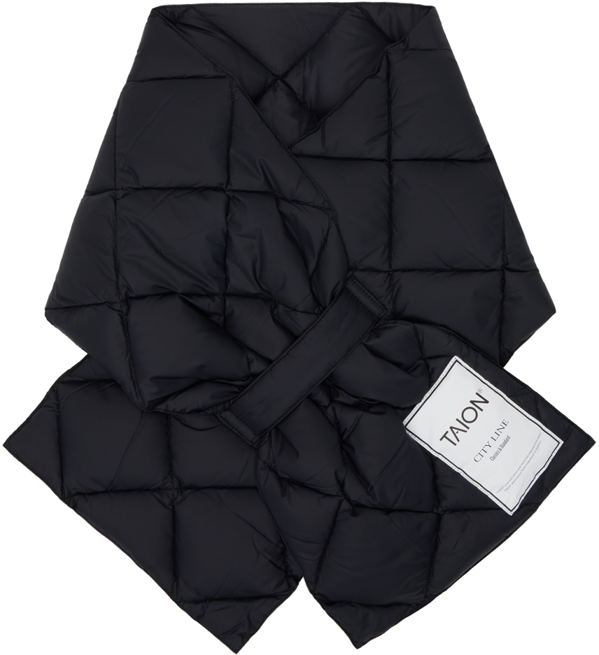 Black Quilted Down Scarf by TAION on Sale