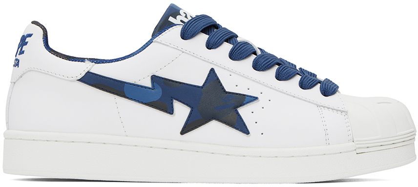 BAPE: Baskets Skull STA blanc et bleu marine | SSENSE France