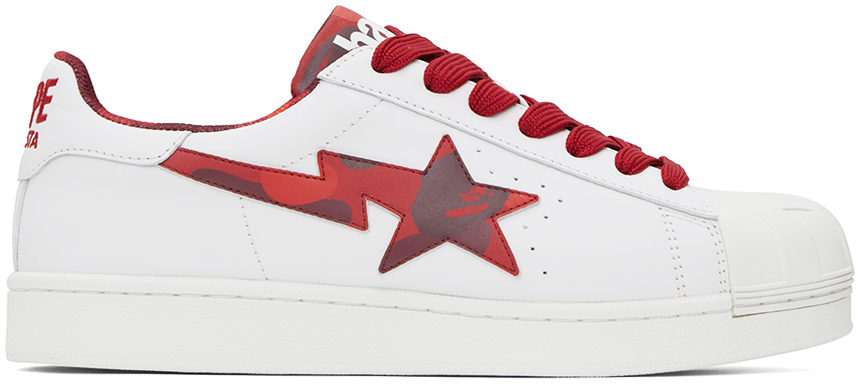BAPE: Baskets Skull blanc et rouge à étoiles emblématiques | SSENSE France