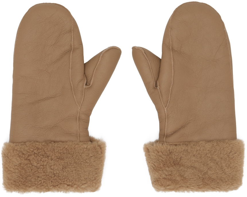 Beige Shearling Mittens by Yves Salomon on Sale