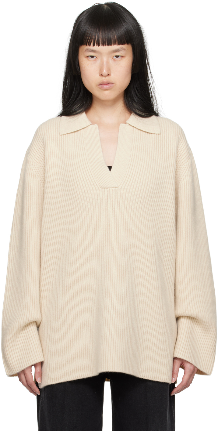 Off-White Ribbed Polo by TOTEME on Sale