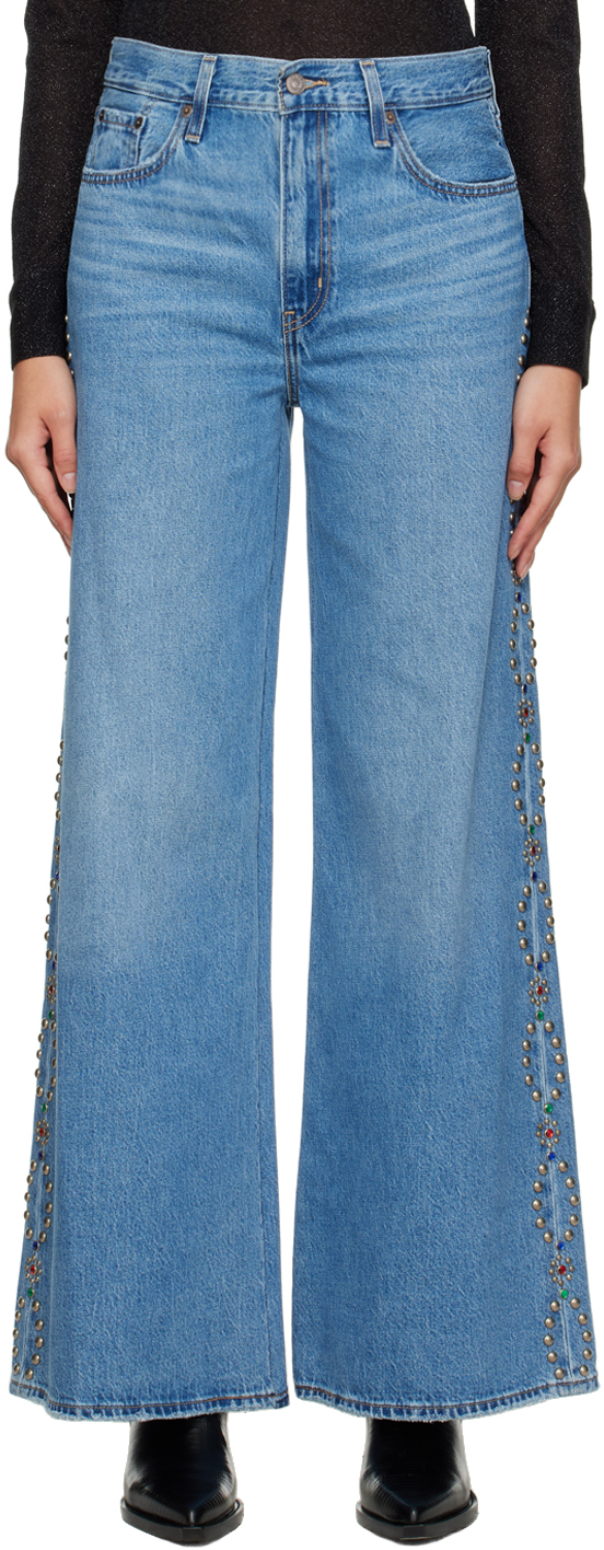 Blue Studded Jeans by Anna Sui on Sale
