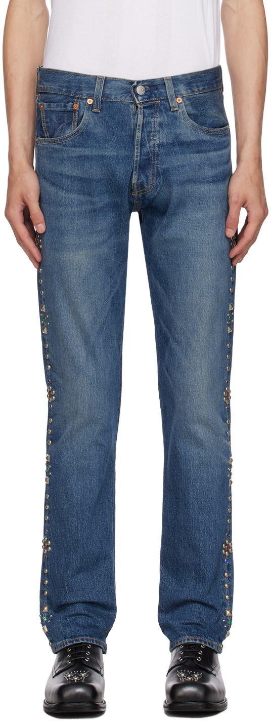 SSENSE Exclusive Indigo Studded Wide-Leg Jeans by Anna Sui on Sale