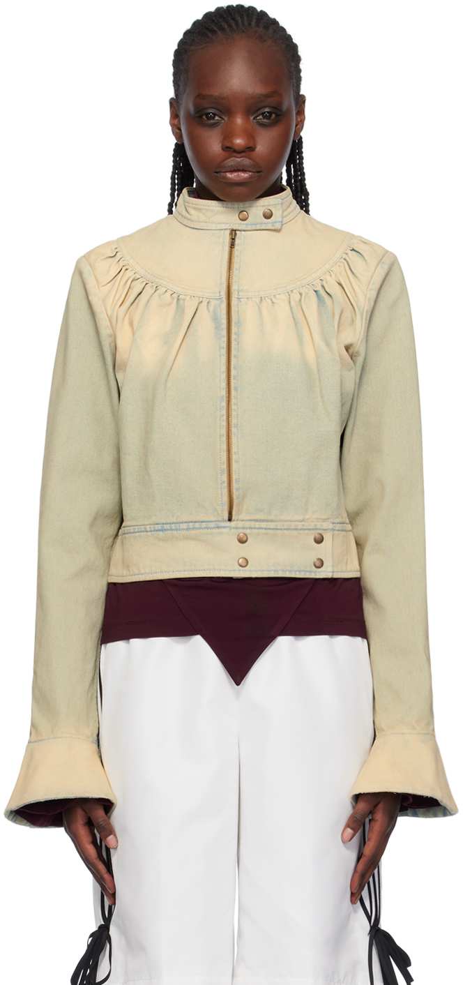 FIDAN NOVRUZOVA: Beige & Green Gathered Denim Jacket | SSENSE