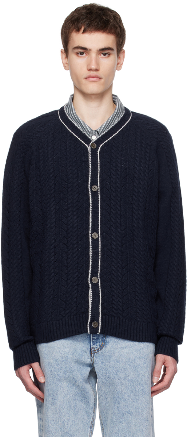 Navy Y-Neck Cardigan by Dunst on Sale