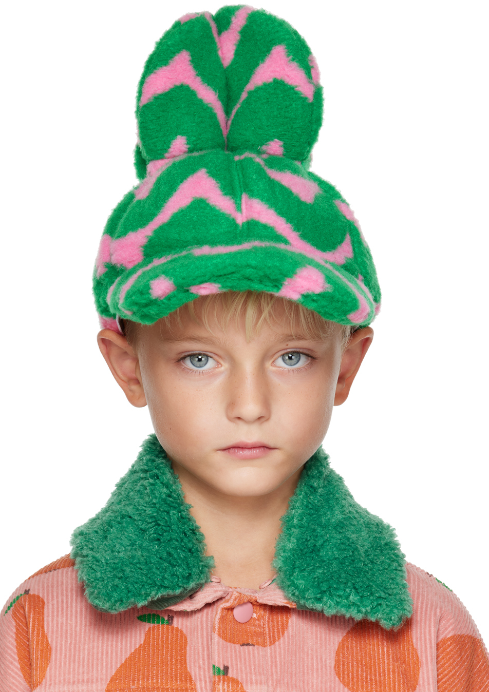 Kids Green & Pink Zigzag Rabbit Cap by Jellymallow on Sale