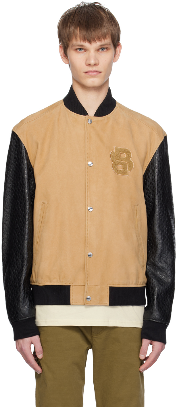 Tan & Black Stand Collar Leather Bomber Jacket by BOSS on Sale