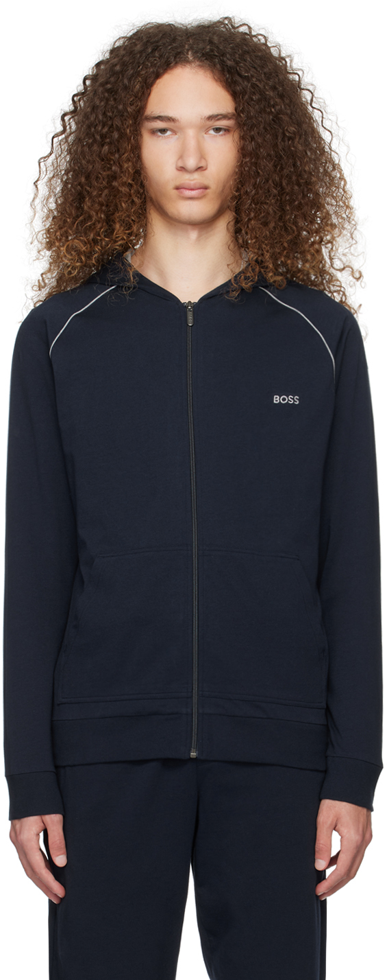 BOSS: Navy Embroidered Hoodie | SSENSE UK