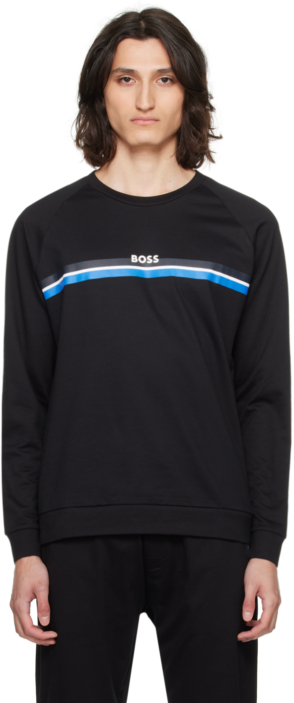 Pull molletonné noir à rayures Boss en solde