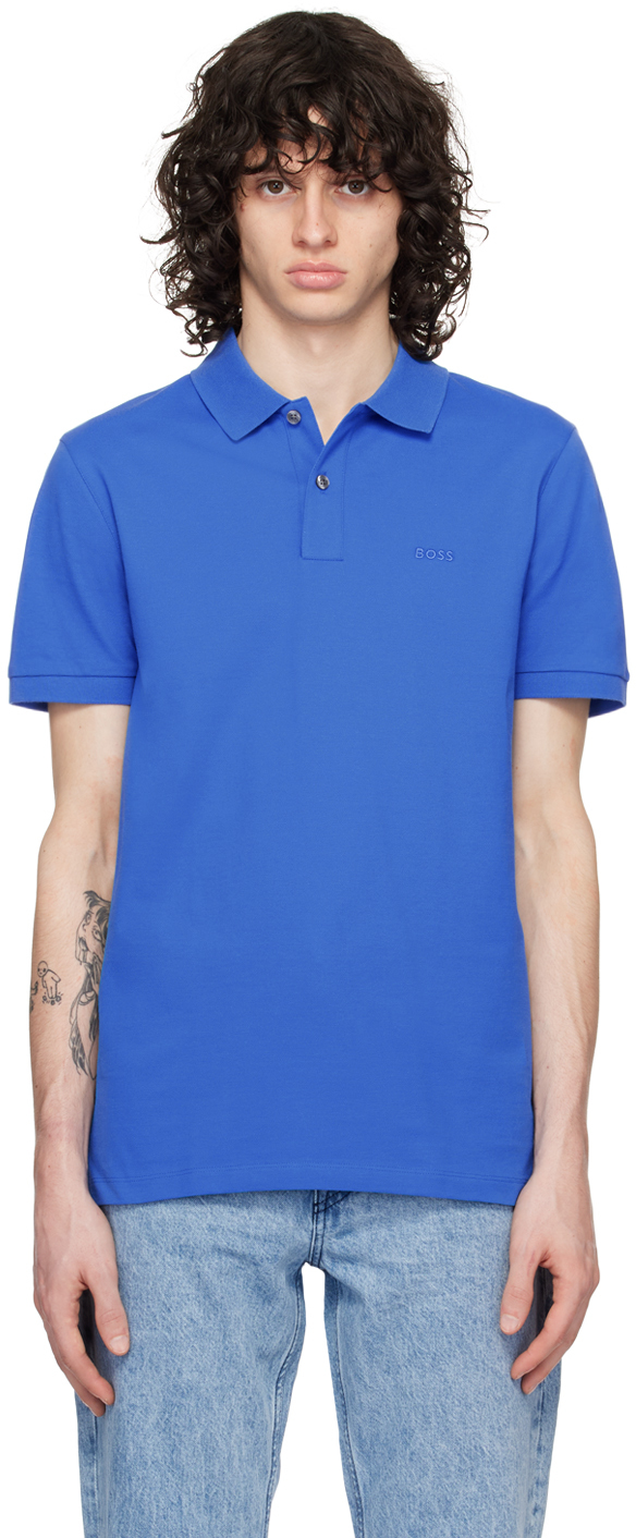 BOSS: Blue Embroidered Polo | SSENSE