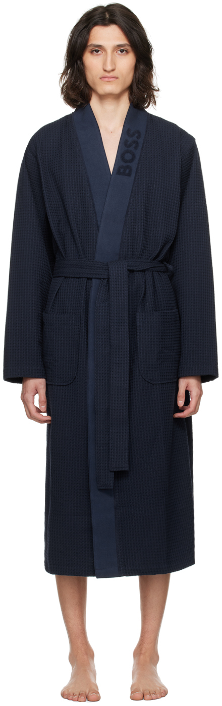 BOSS: Navy Flocked Robe | SSENSE