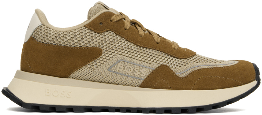 Brown Mixed Material Sneakers by BOSS on Sale