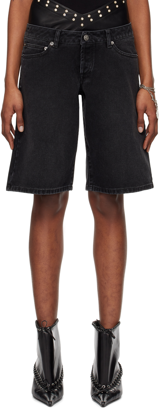 Black Double Denim Shorts by ALL-IN on Sale