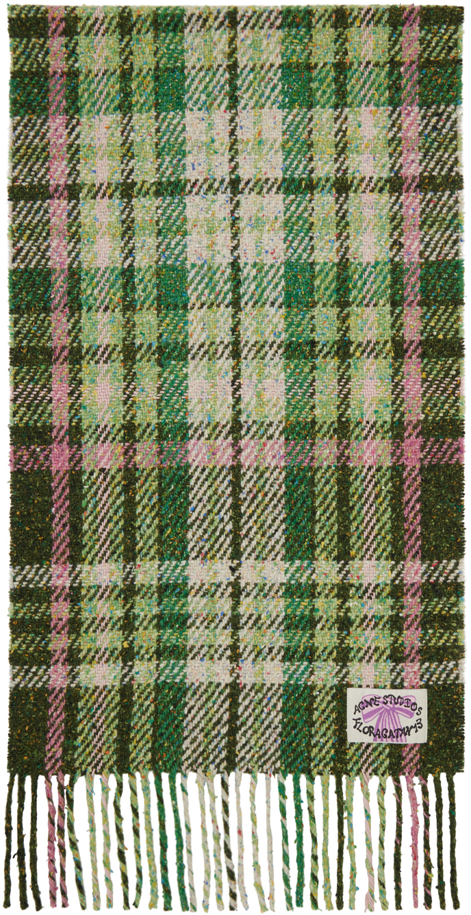 Acne Studios: Green & Pink Plaid Fringe Scarf | SSENSE