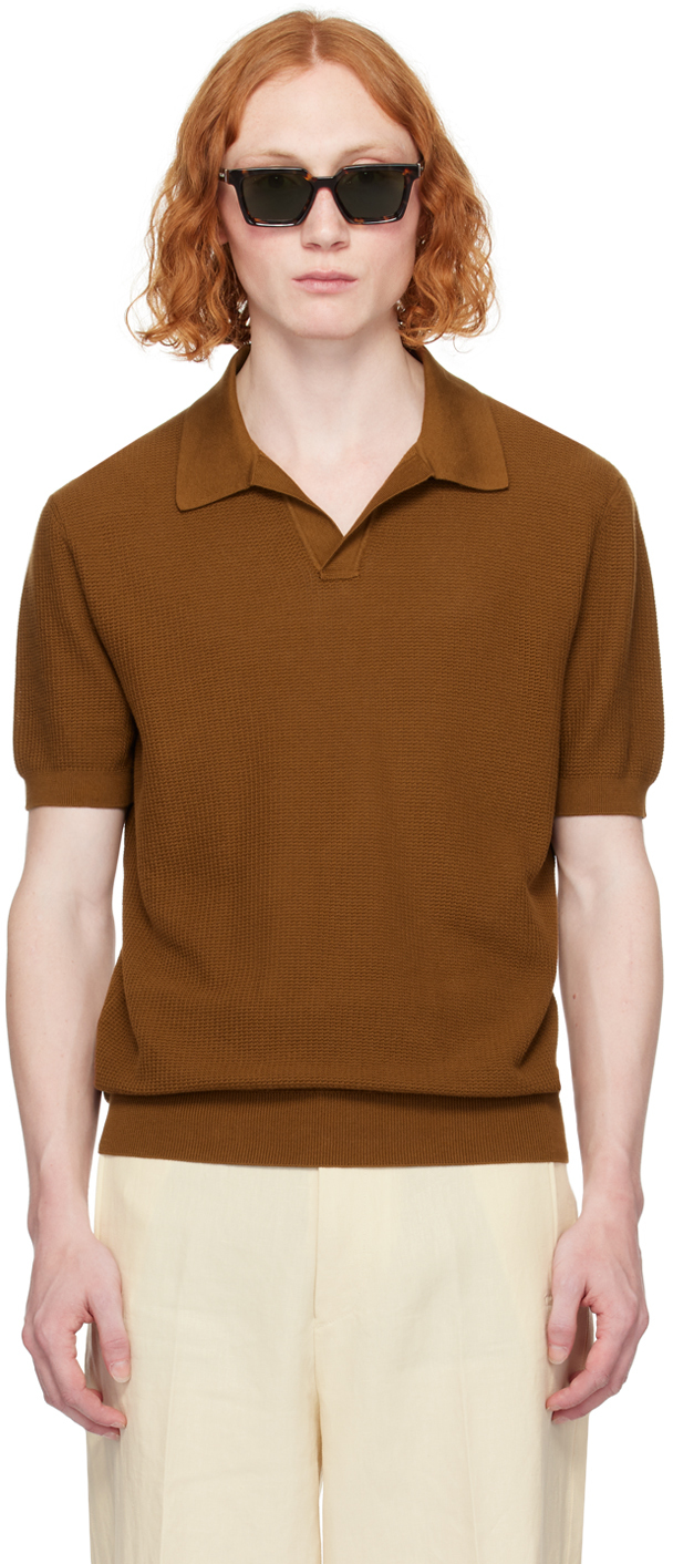 Brown Open Placket Polo by ZEGNA on Sale