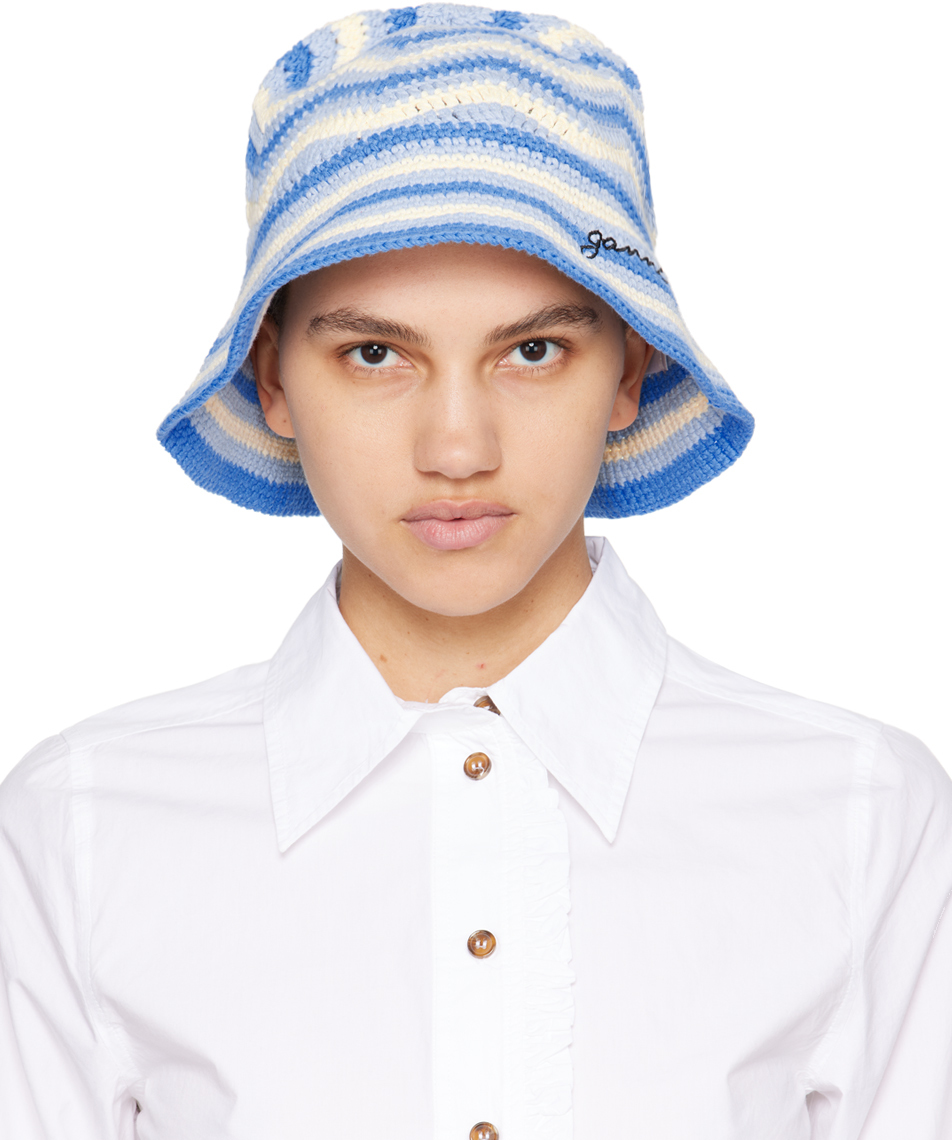 Blue & Off-White Embroidered Bucket Hat by GANNI on Sale