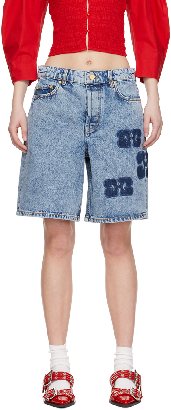 Blue Patch Denim Shorts by GANNI on Sale