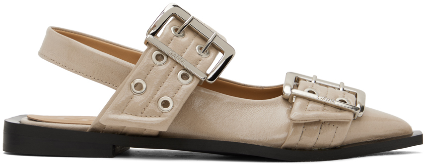 Taupe Feminine Buckle Ballerina Flats by GANNI on Sale