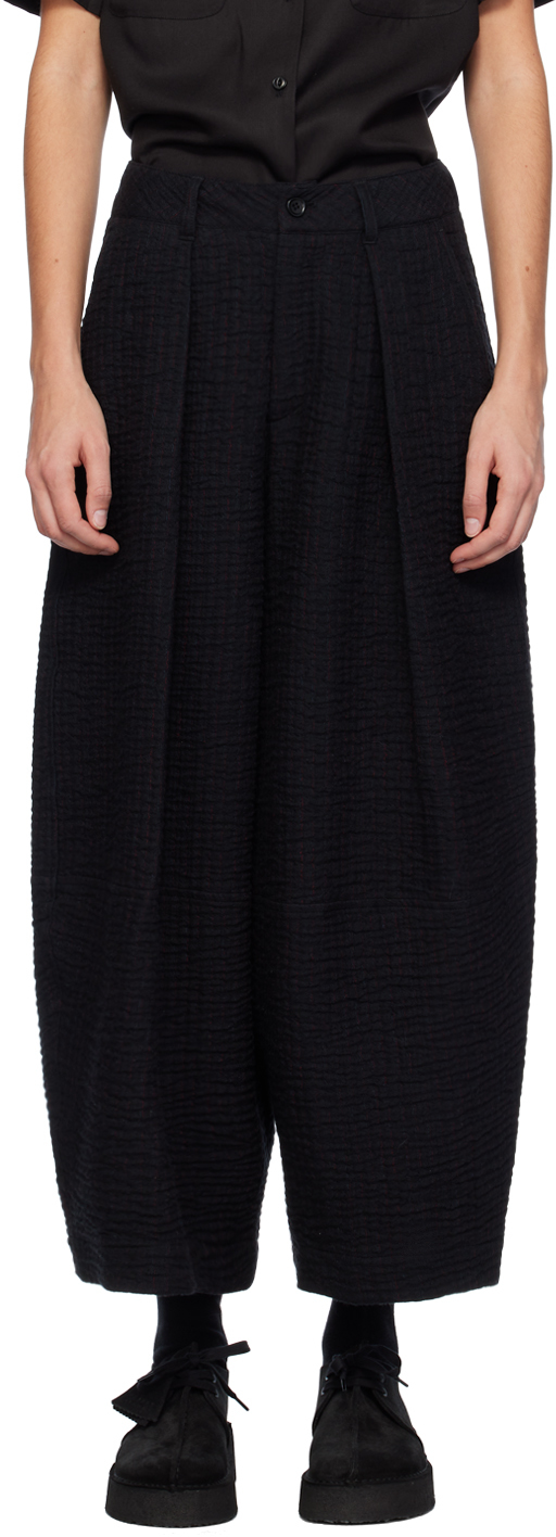 YMC: Black Pinstripe Deadbeat Trousers | SSENSE Canada