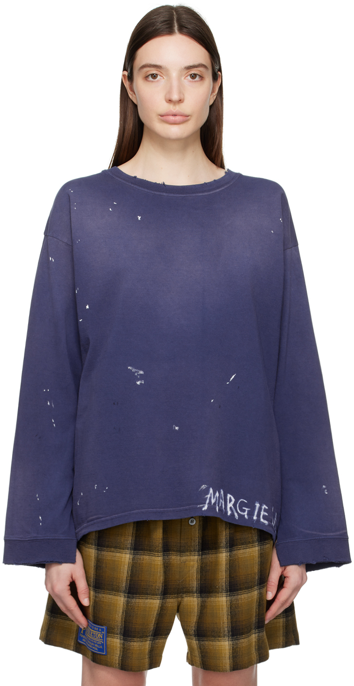 Maison Margiela: Navy Distressed Long Sleeve T-Shirt | SSENSE